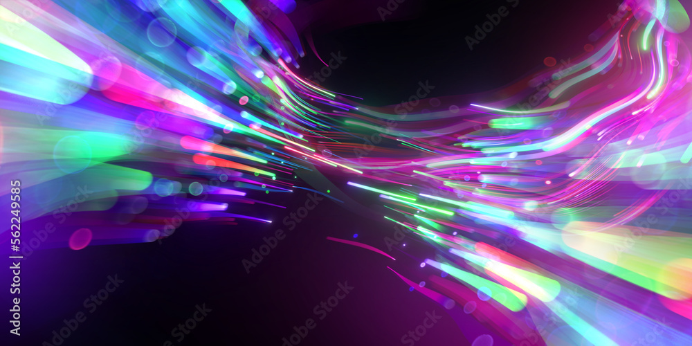 3d render, abstract colorful neon background. Speed of light, motion ...