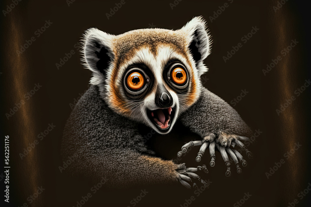 Cute Lemur's Face in Close Up, Slow Loris seated and gazing with mouth ...