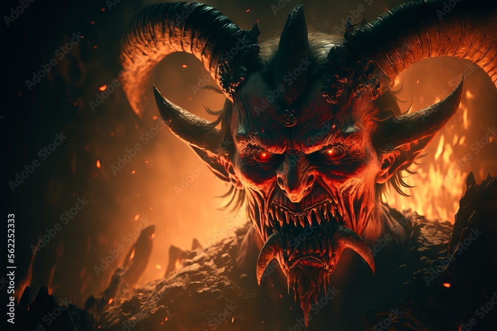 Scary demon monster in hell fire. Generative AI Stock Illustration ...