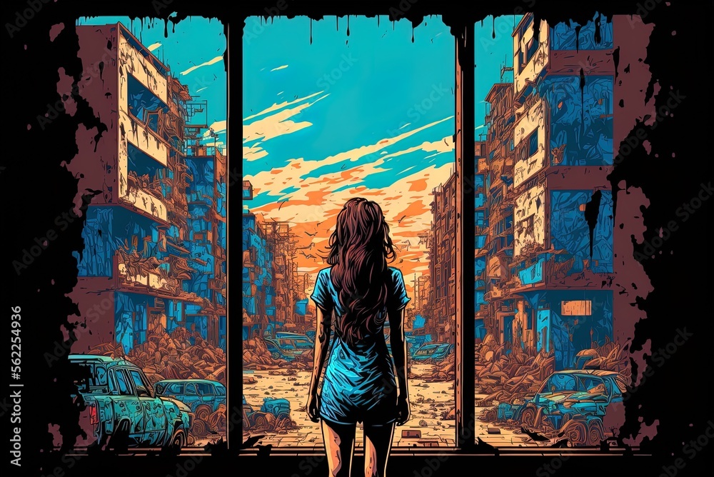 Cartoon image of a desolate post-apocalyptic cityscape, with a lone ...