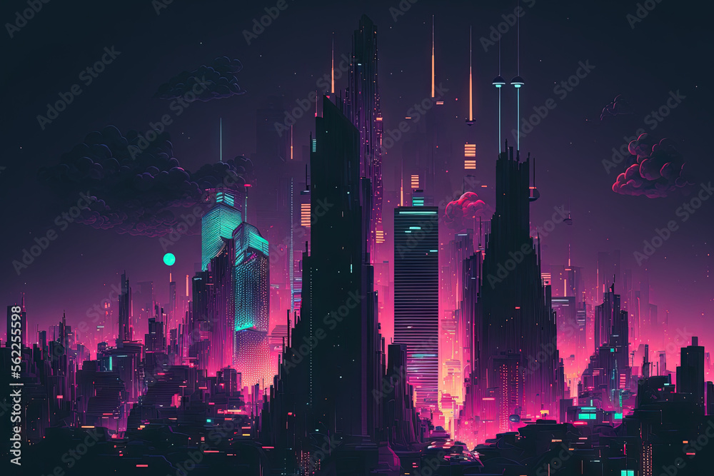 Nighttime view of an Asian cyberpunk city. Skyscrapers, neon, and a ...