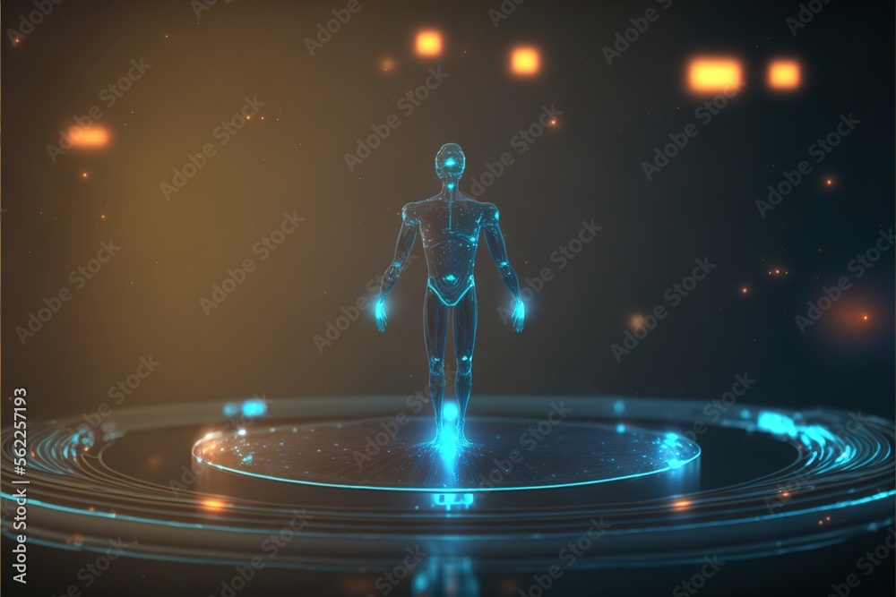 Digital futuristic hologram showing the anatomy of a humanoid created ...