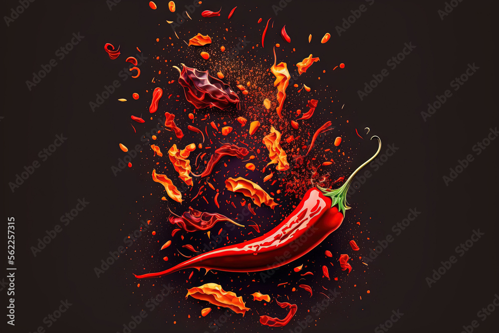 Explosion of red paprika spices powder and a flying chili pepper on a ...