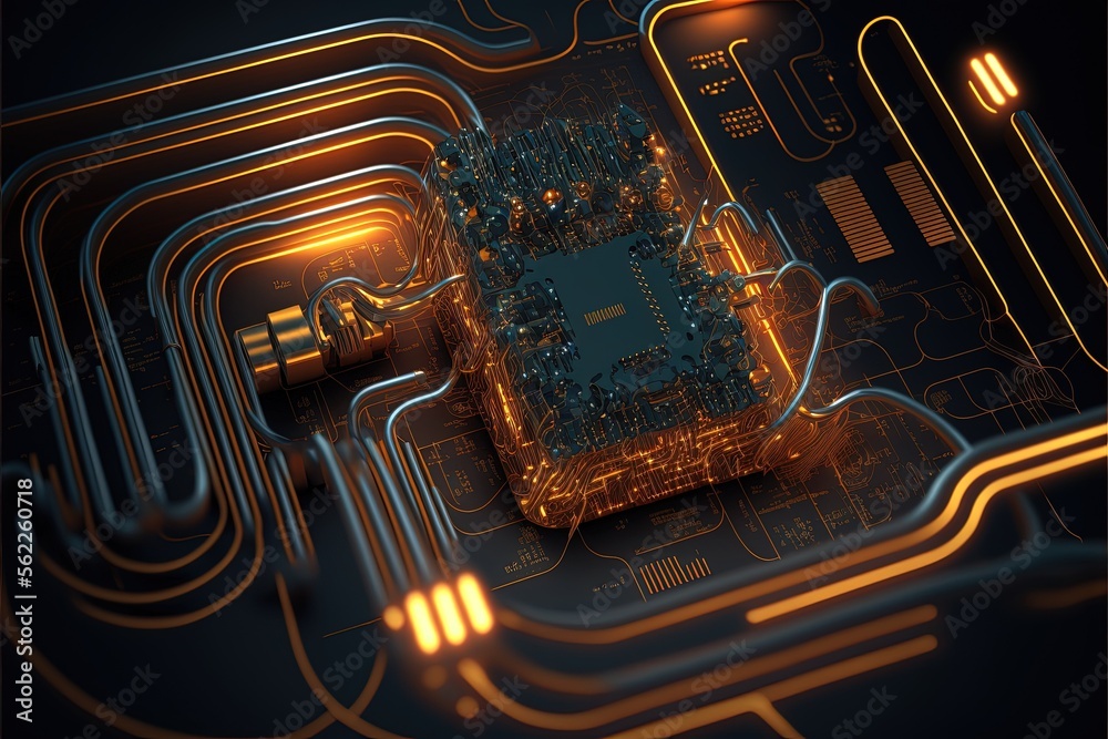Computer chip circuits, bright neon lights, 3d illustration made with ...
