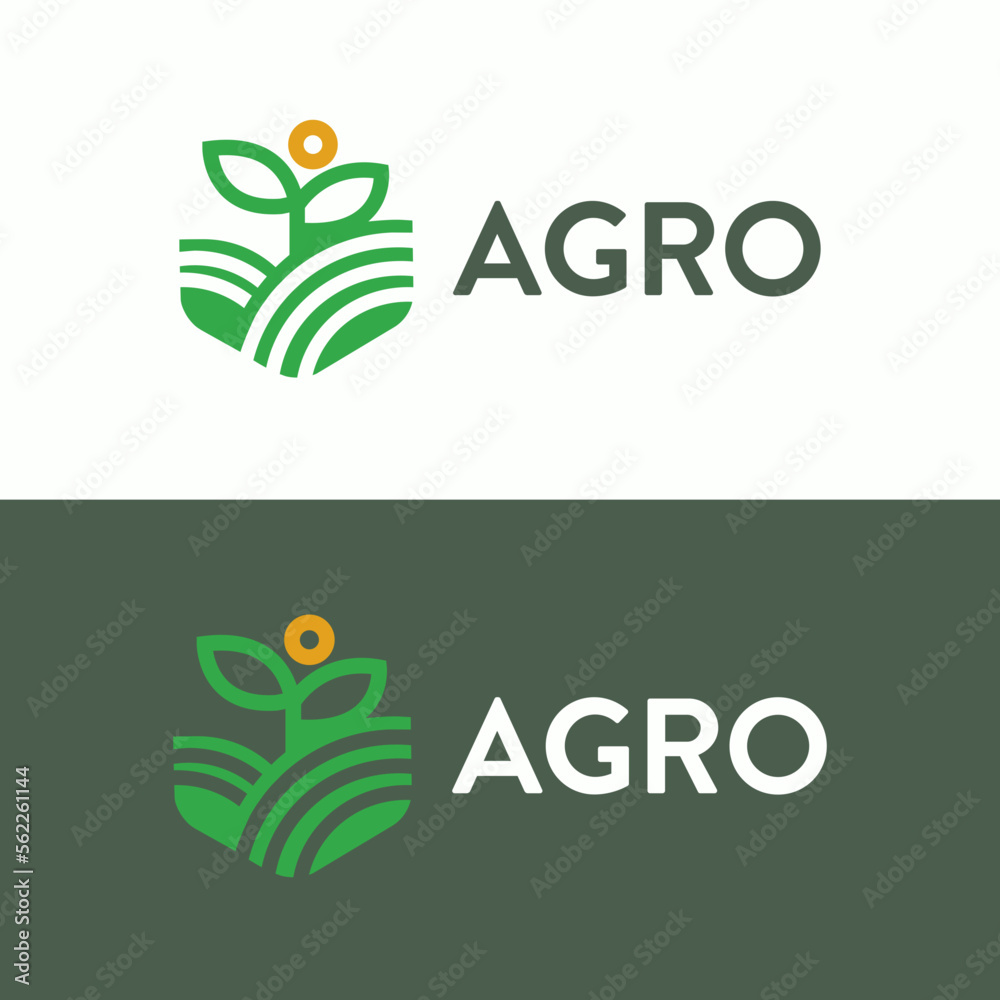 Growing plant in the green field farm under the sun agricutural logo ...
