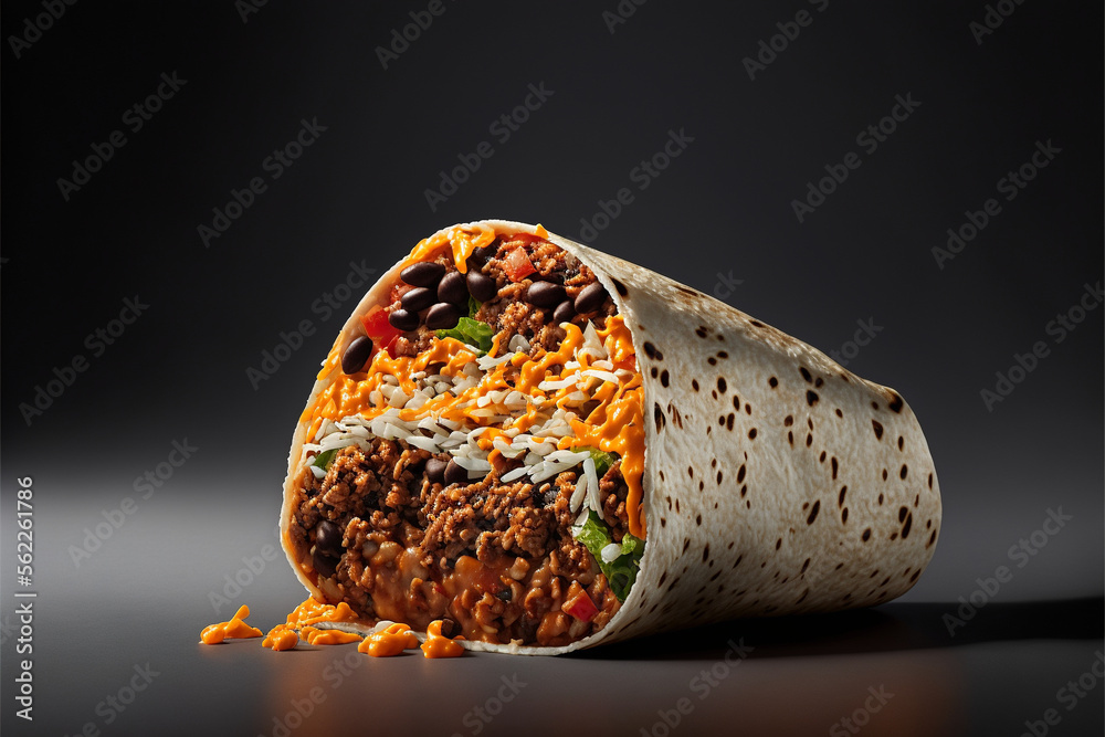 Burrito isolated on dark background, ground beef, rice, beans, lettuce ...