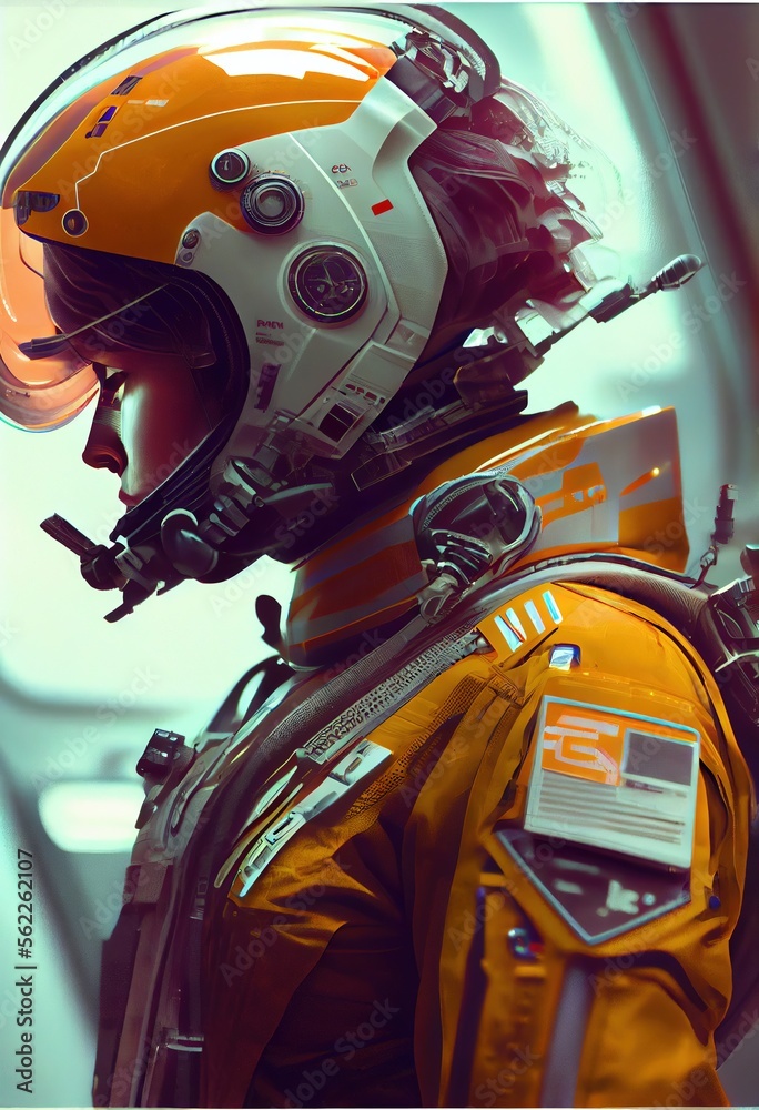 Portrait of a fictional futuristic female pilot in an aviation helmet ...