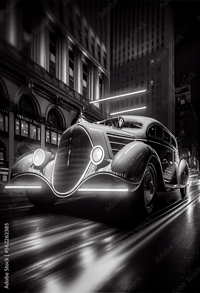 Retro car racing down the road through the old town. The picture is in ...