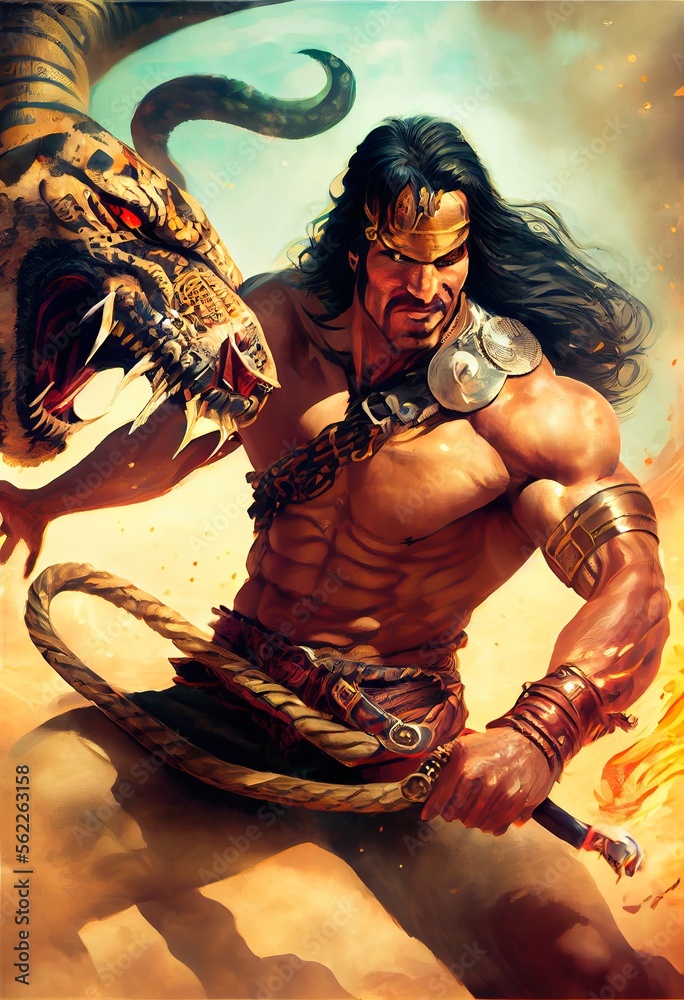 Portrait of an ancient barbarian warrior in a fighting pose. The ...