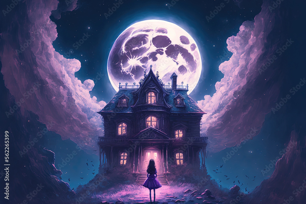 Mystic magnificent mansion with purple night clouds and a starry sky ...