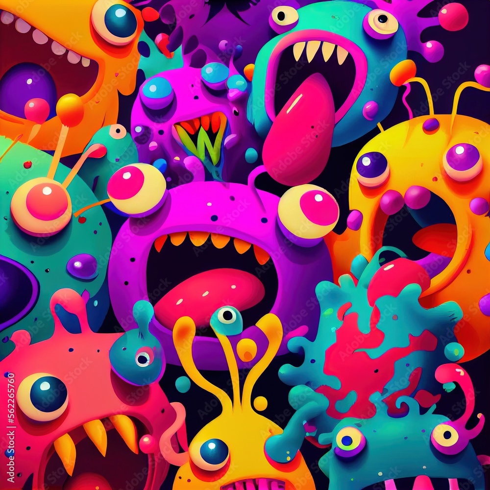Abstract magical funny cartoon monsters. Lots of colored paint, ink ...