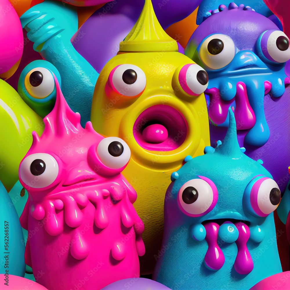 Abstract magical funny cartoon monsters. Lots of colored paint, ink ...