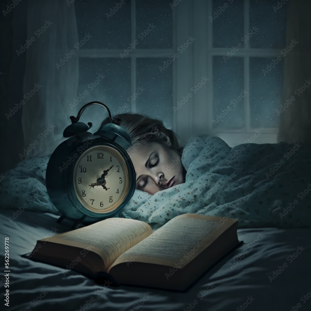 Time and Rest: A Clock on top of a book and a sleeping woman in a bed ...