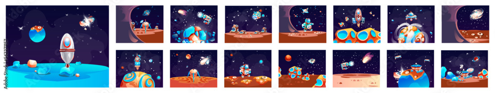Space planet landscape set, cosmic game background with spaceship ...