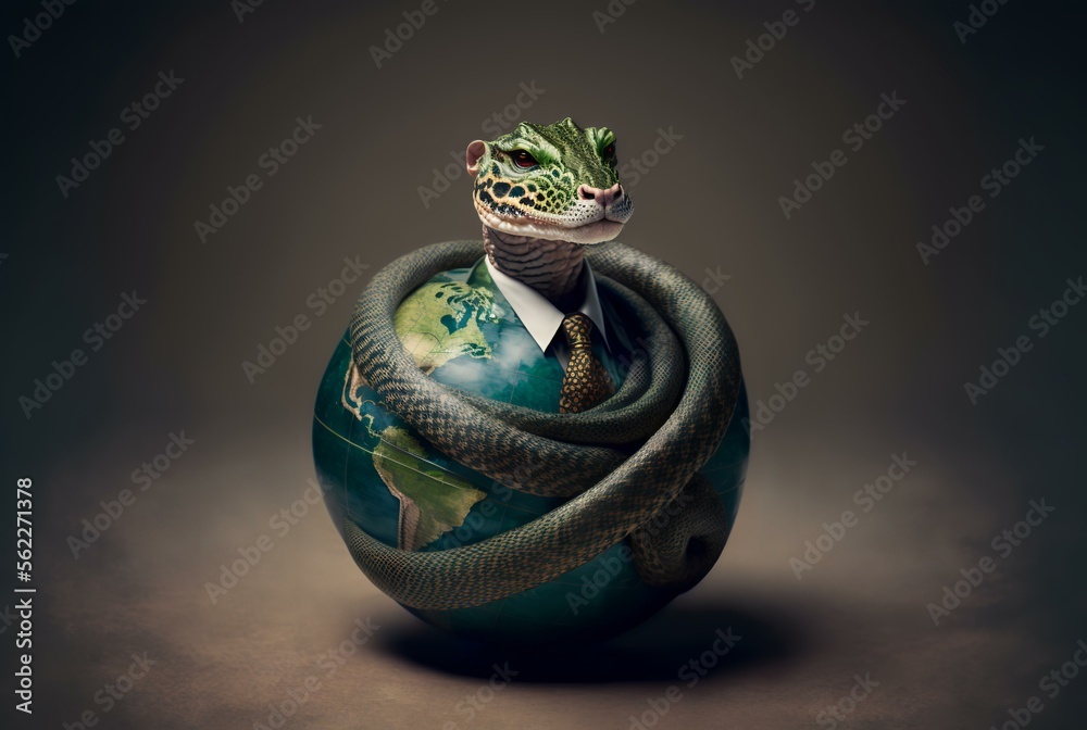 snake wearing a suit, wrapped around a globe, symbolising the reach and ...