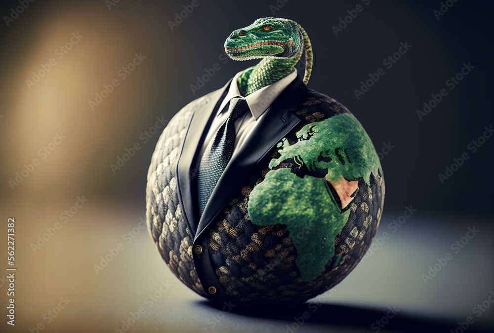 snake wearing a suit, wrapped around a globe, symbolising the reach and ...