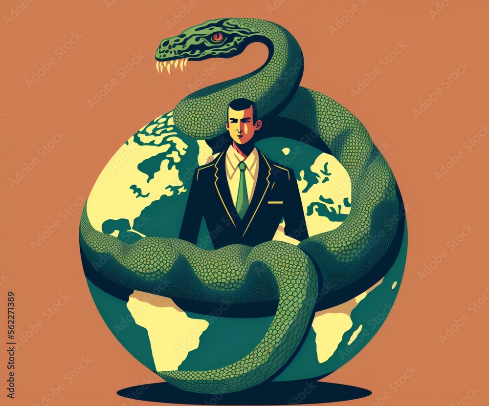 snake wearing a suit, wrapped around a globe, symbolising the reach and ...