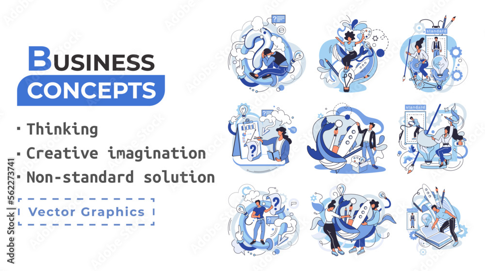 Creative thinking. People with different mental mindset types or model ...