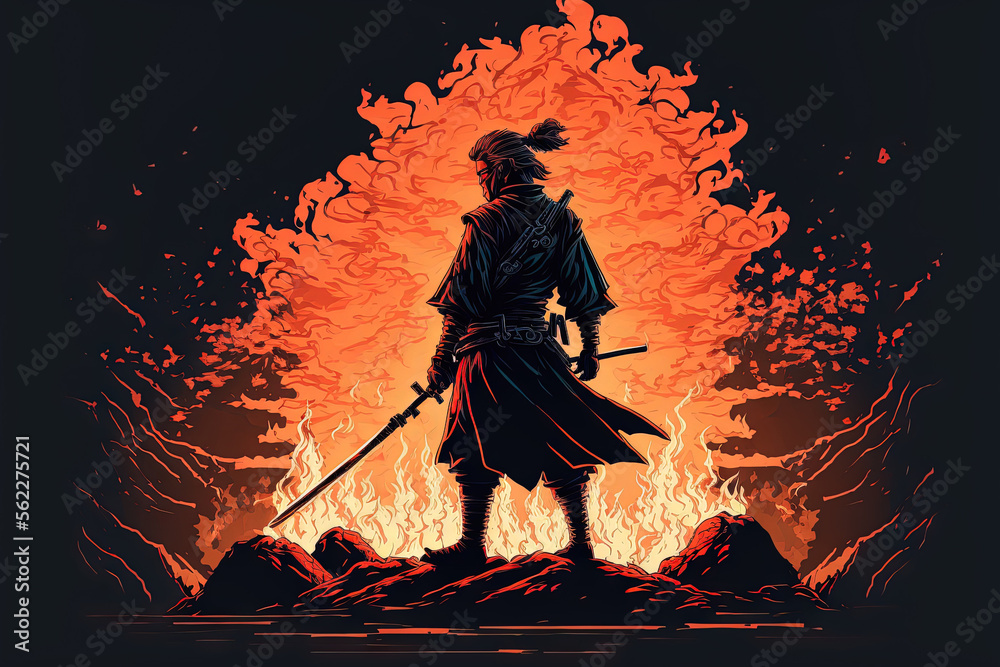ภาพประกอบสต็อก image of a samurai with a fire sword standing on a rock ...
