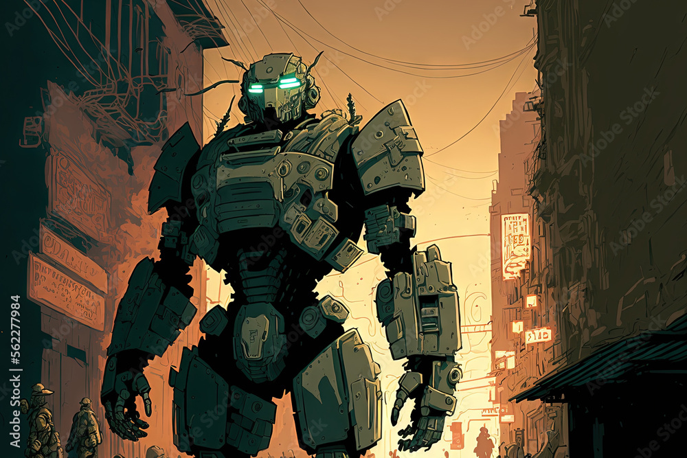 An illustration of a science fiction military robot warrior patrolling ...
