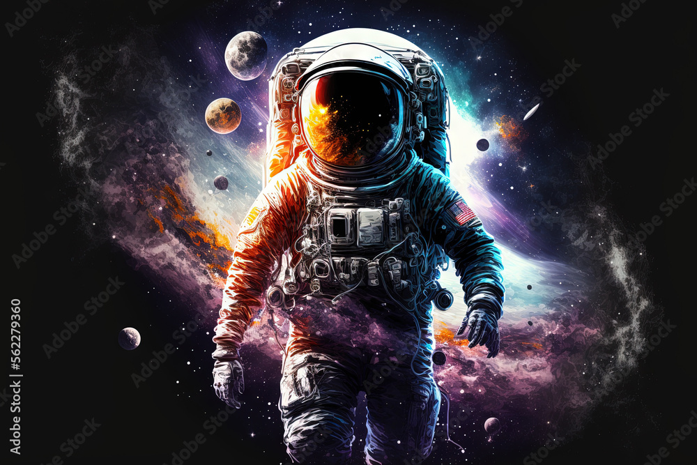 Astronaut in outer space. Planets on background of galaxy. Science ...