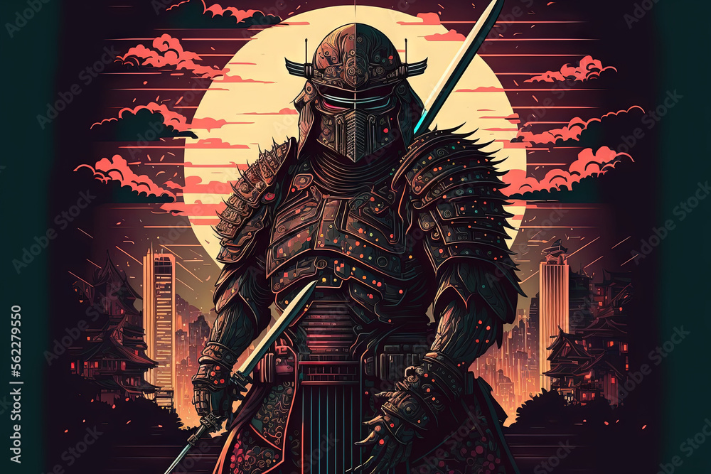 Science fiction cyberpunk armored robot with katana swords and oriental ...