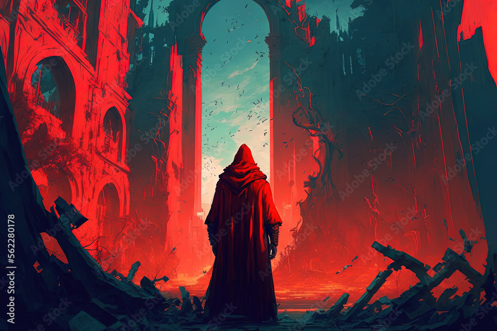 Image of a man in a crimson robe gazing at a building's ruins in a ...