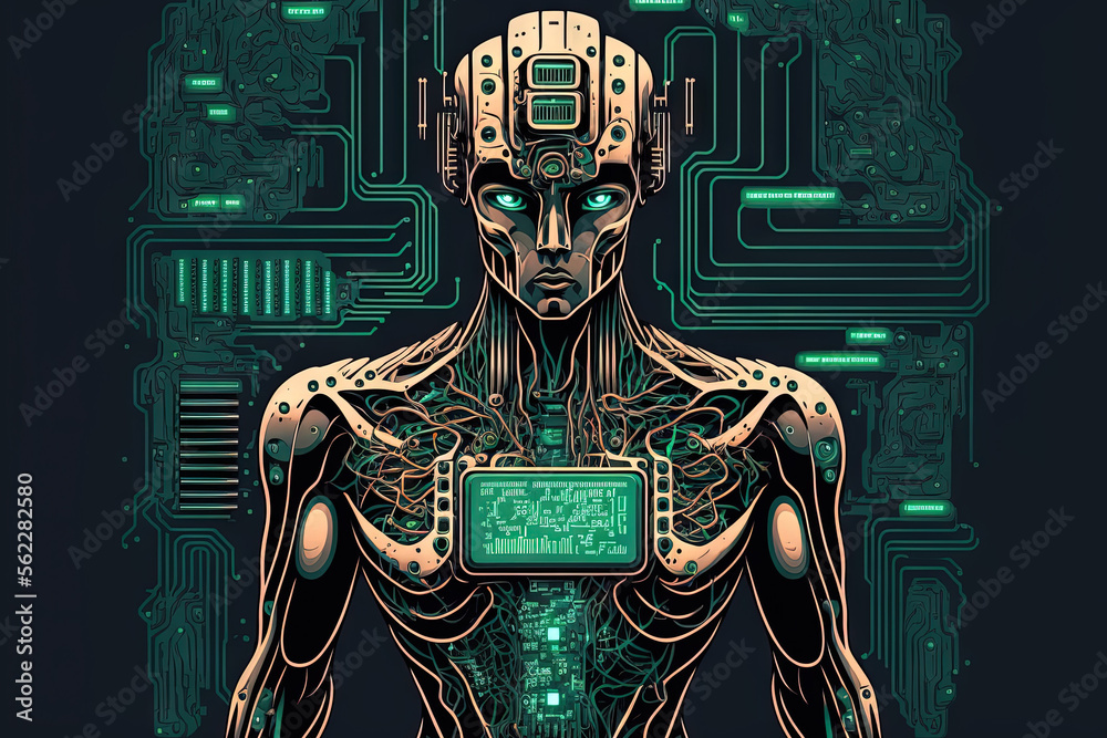 cyborg AI. the circuit board. technical knowledge CPU and GPU concepts ...