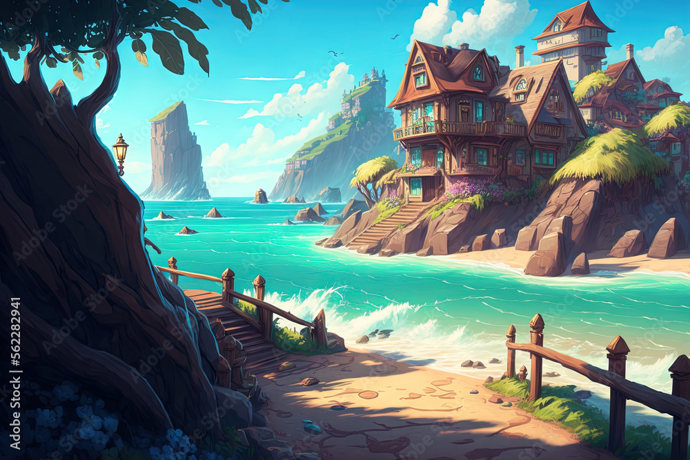 Seaside, Beach, Sea Town, and Coast. Imaginary Background. concept ...
