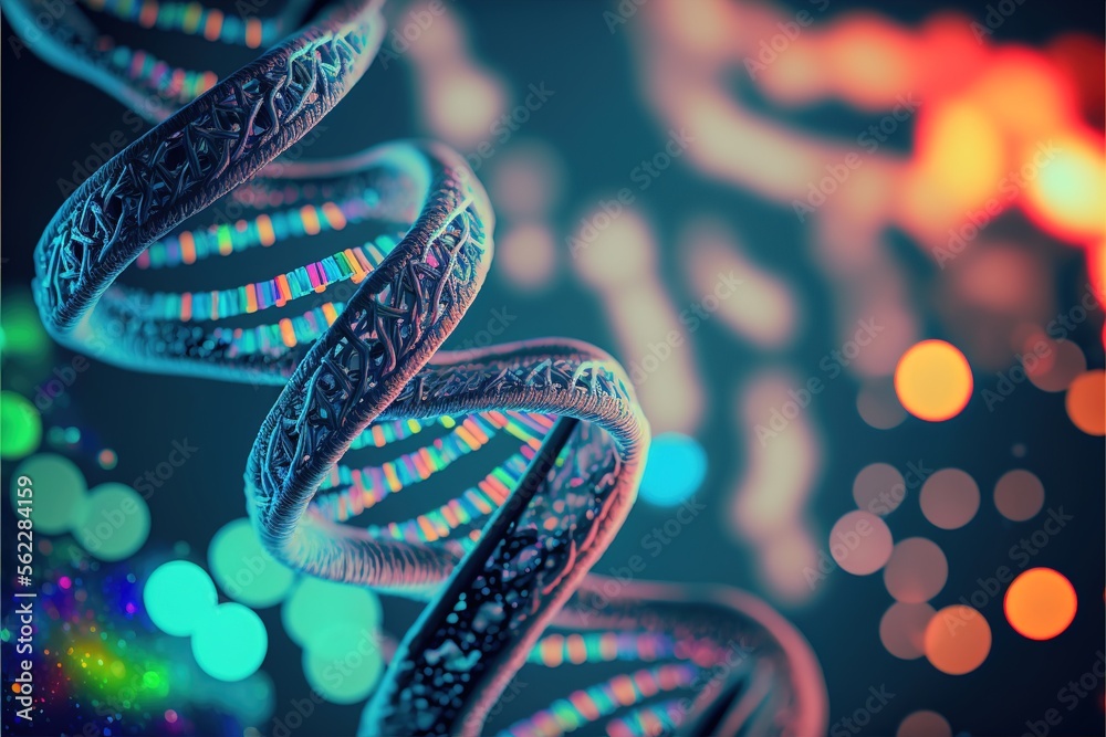 3D digital illustration of human dna under microscope on futuristic ...