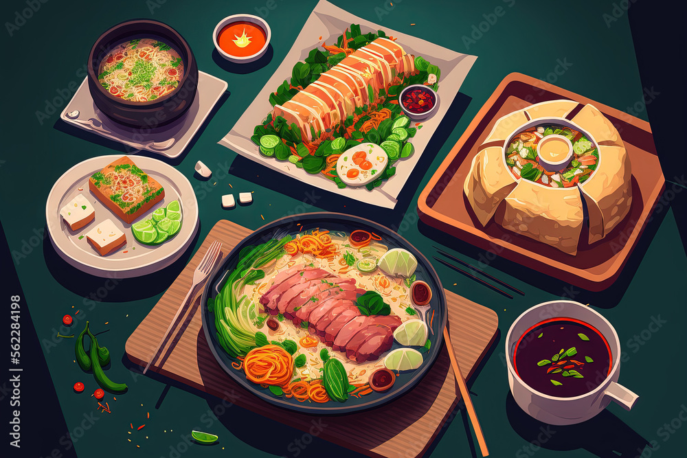 assorted vietnamese dishes with pho, bahn mi, spring rolls in top down ...