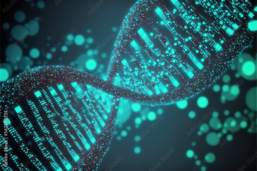 3D digital illustration of human dna under microscope on futuristic ...