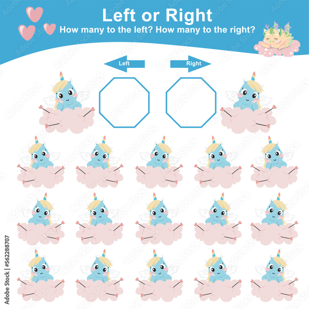Left or right with cute unicorn sitting on the cloud. Counting worksheet for kids. Math game ...