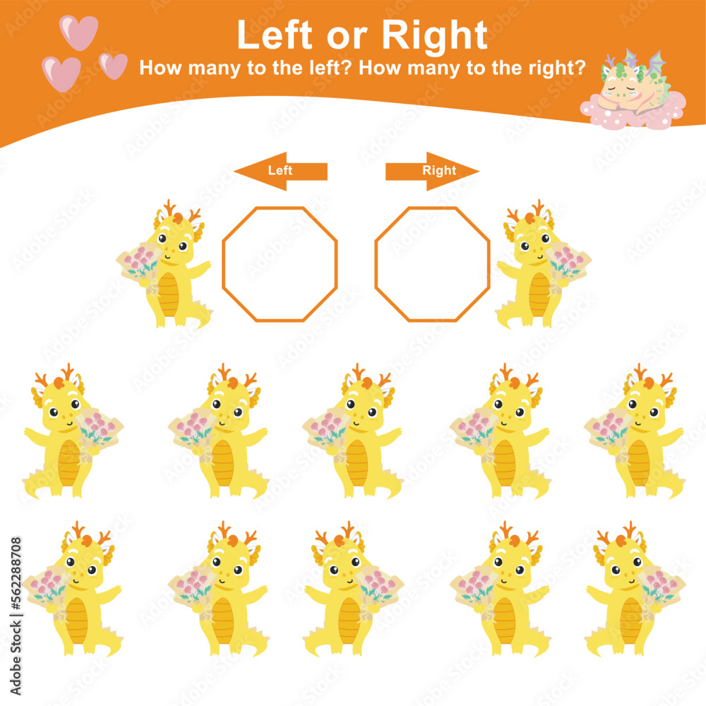 Left or right with cute baby dragon holding a bucket of flowers ...