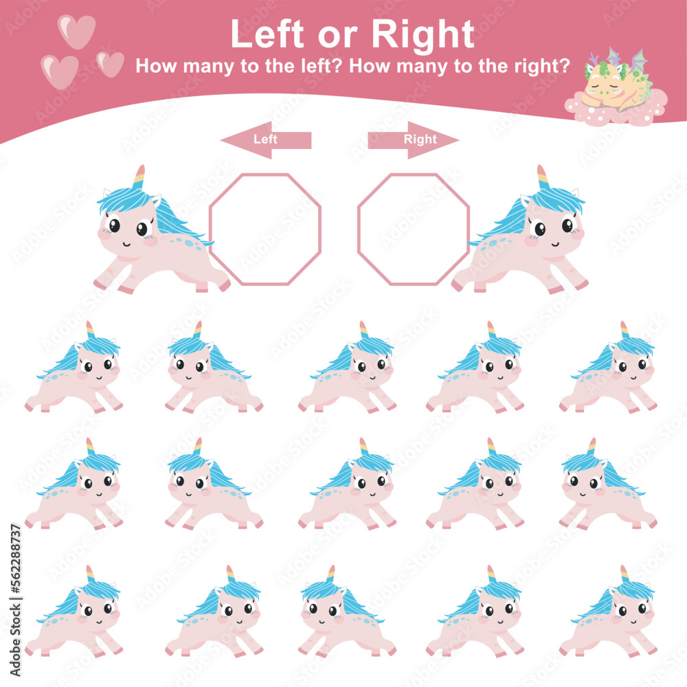 Left or right with cute unicorn theme. Counting worksheet for kids ...