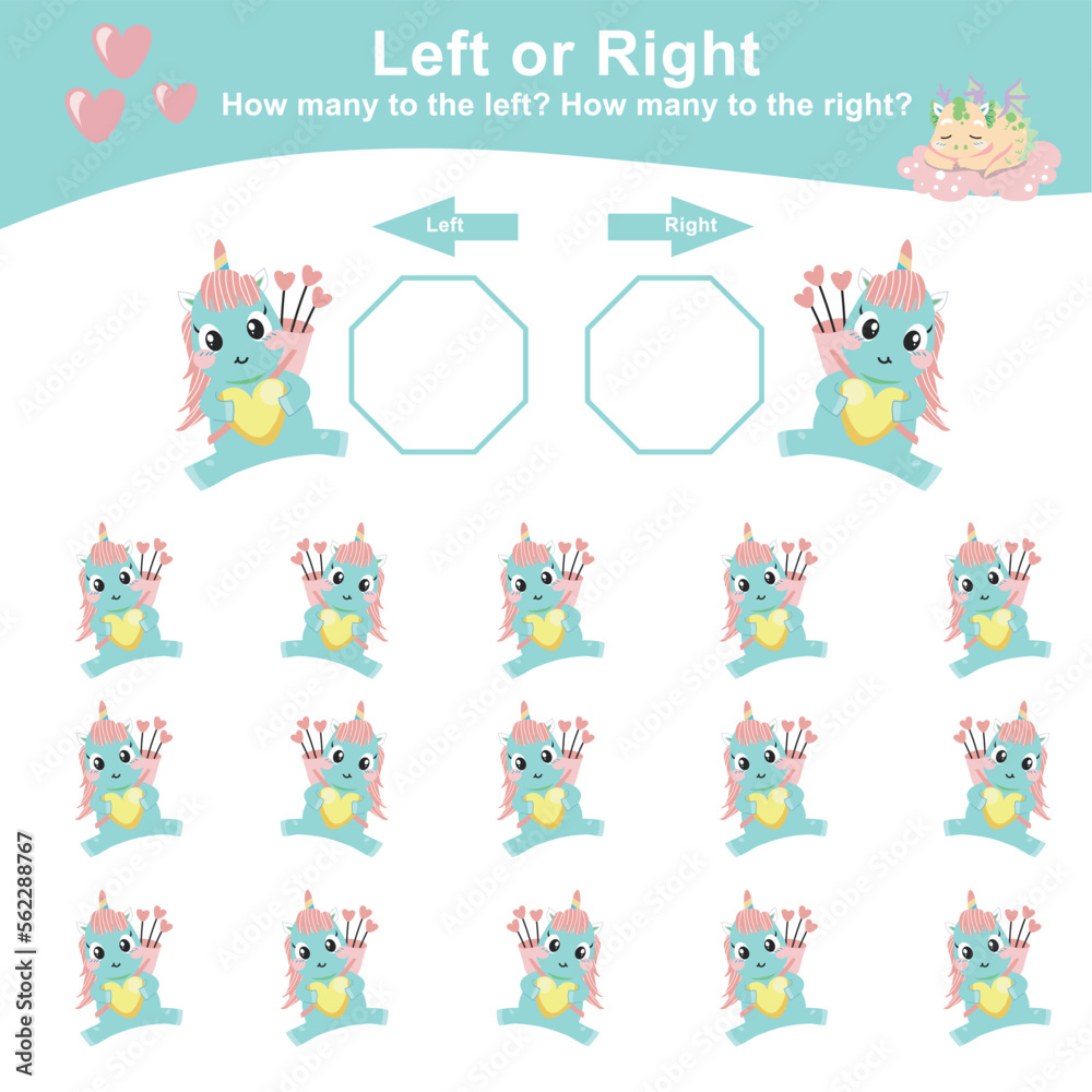 Left or right with cute unicorn theme. Counting worksheet for kids ...
