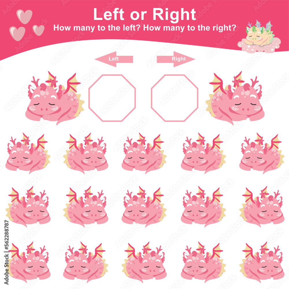 Left or right with cute baby dragon sleeping. Counting worksheet for ...