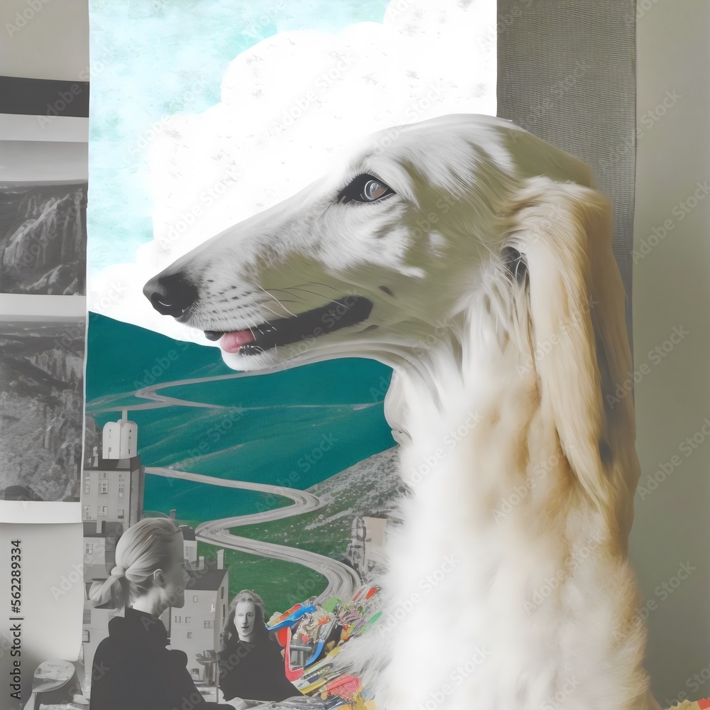 borzoi greyhound dog with long nose, muted pastel collage faded ...