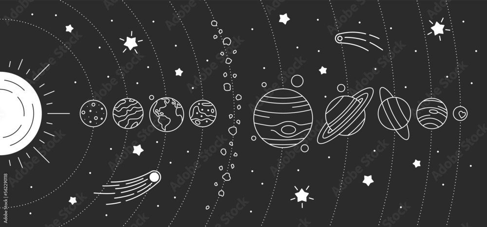Set of space objects, sun, planets, stars, comets. Universe galaxy ...