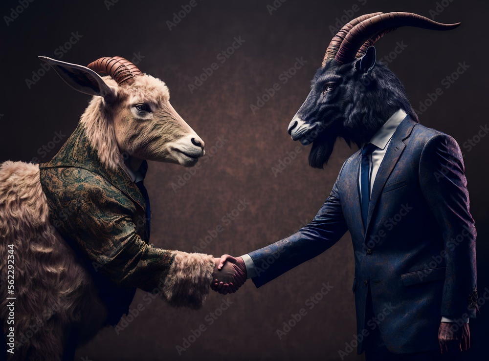 goat in a suit shaking hands with another goat in a suit, symbolising ...