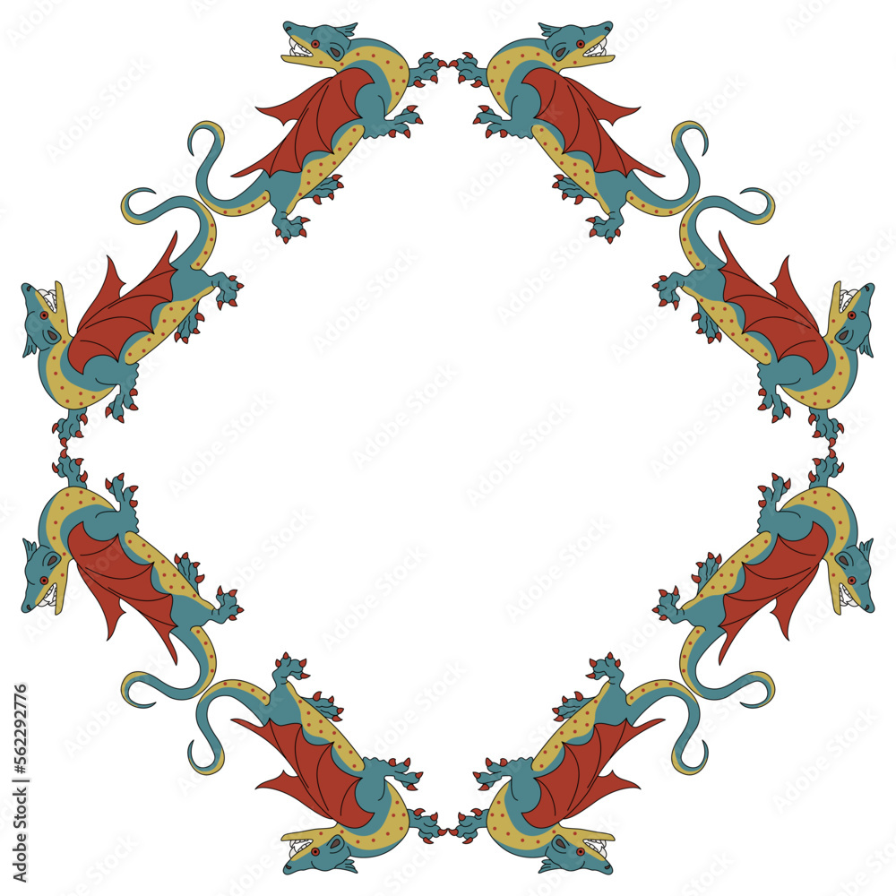 Rhombus shape animal frame with fantastic winged medieval dragons ...