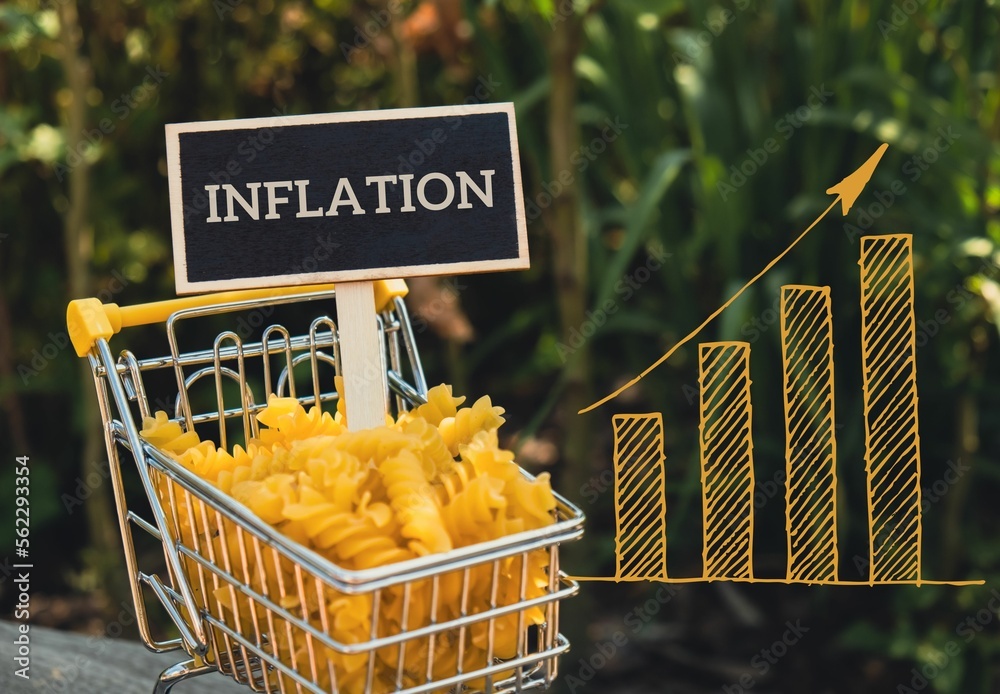 INFLATION text on Blackboard label Shopping trolley cart with graph ...