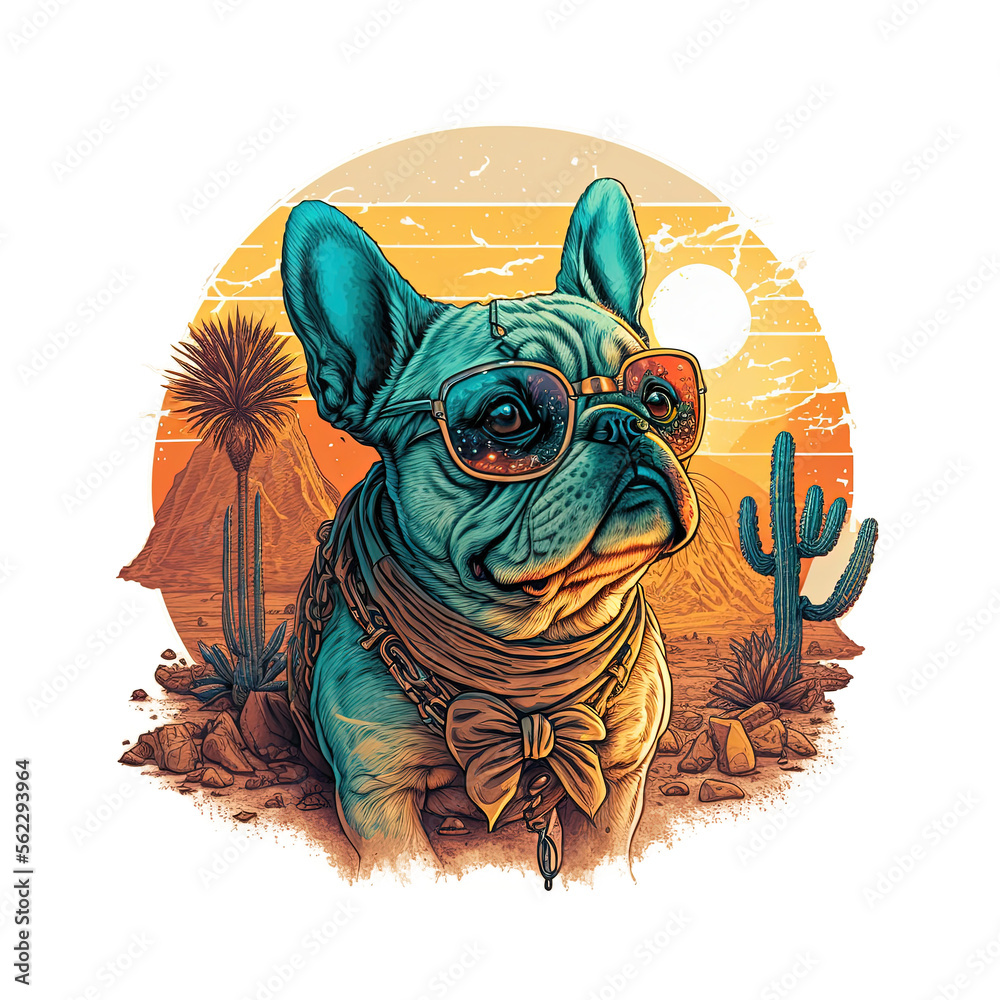 Frenchie french bulldog in glasses in the middle of a desert at the ...