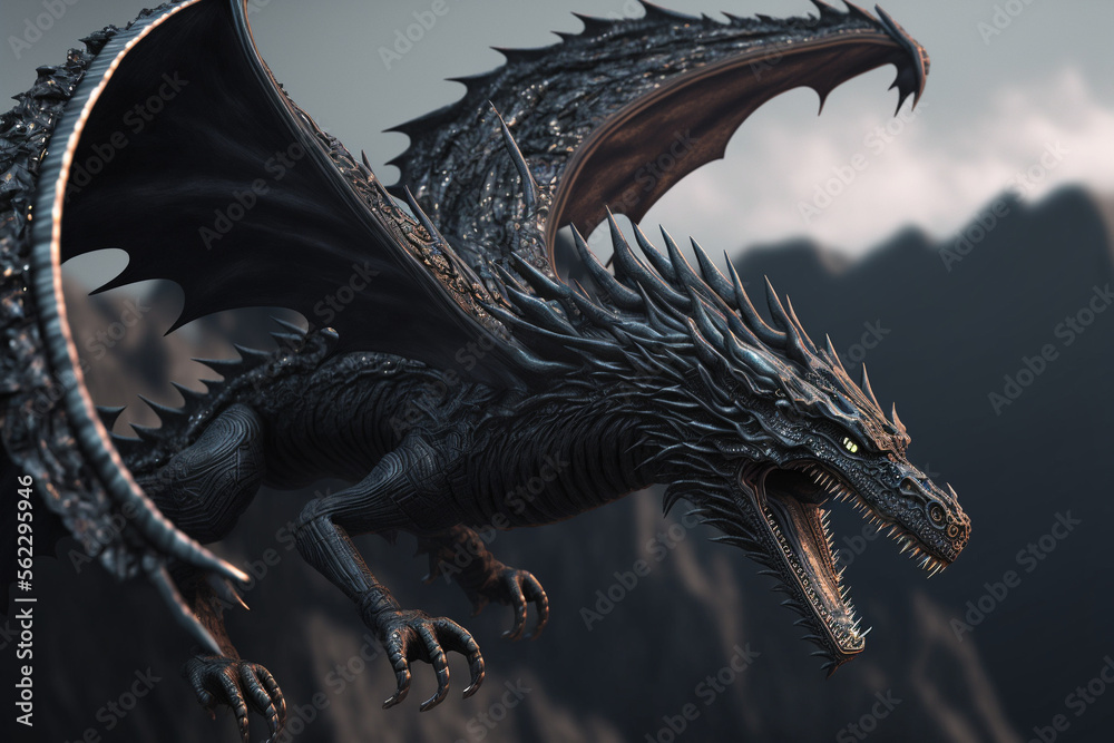 A black dragon is flying through the air, a large dragon with orange ...