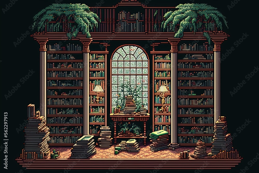 Pixel art old library, book library, background in retro style for bit ...