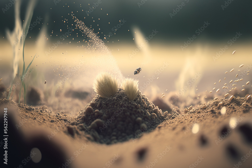 Cinematic shot of seeds falling on the parched earth in MACRO and DOF ...