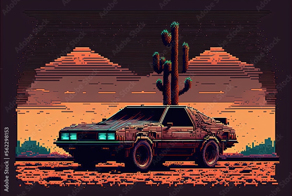 Pixel art old car, background in retro style for 8 bit game, Generative ...