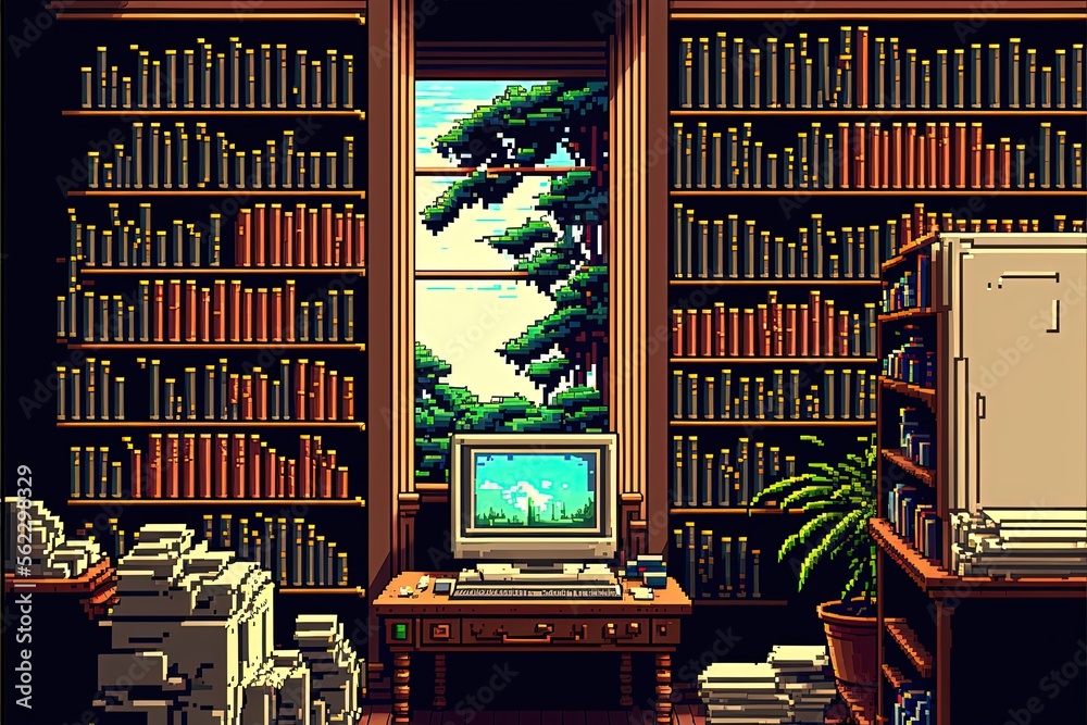 Pixel art old library, book library, background in retro style for bit ...