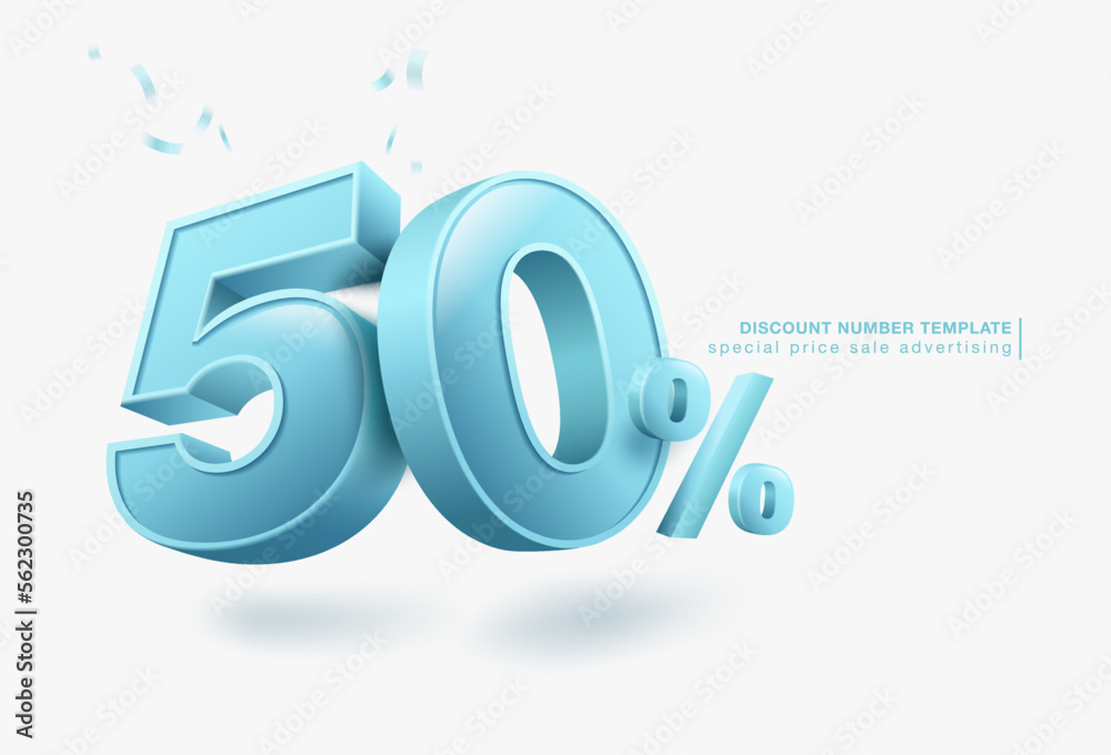 50% discount template, 3D letters, used for promotional advertisements ...