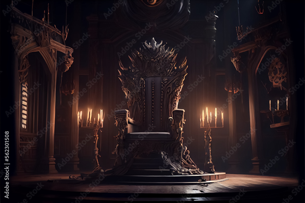 Abstract illustration design of empty throne in palace dark hall . AI ...